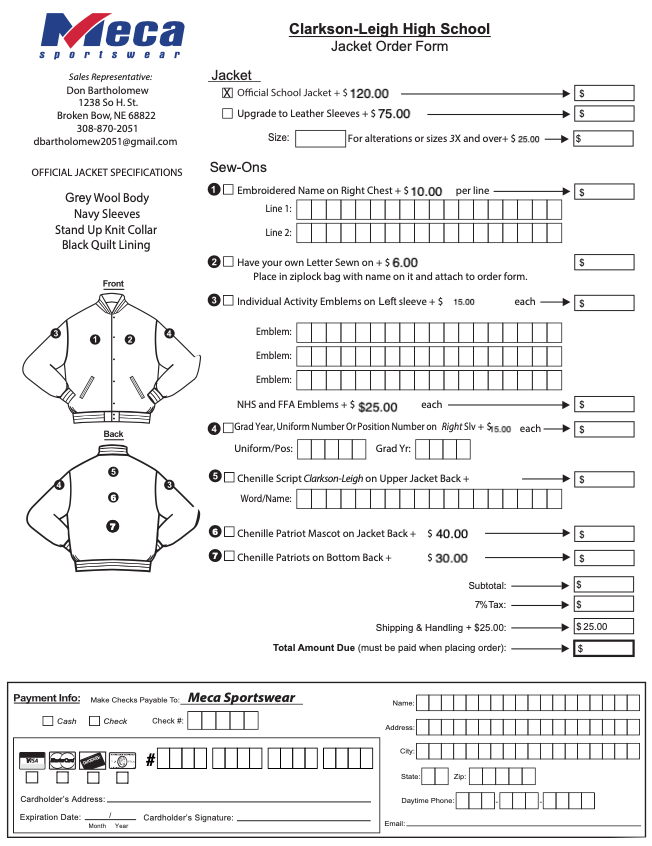 Clarkson Public Schools - Letterman Jacket Order Forms